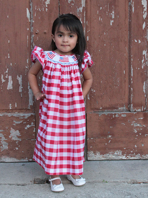 Red Patriotic Girls Bishop Dress Smocked USA Flag
