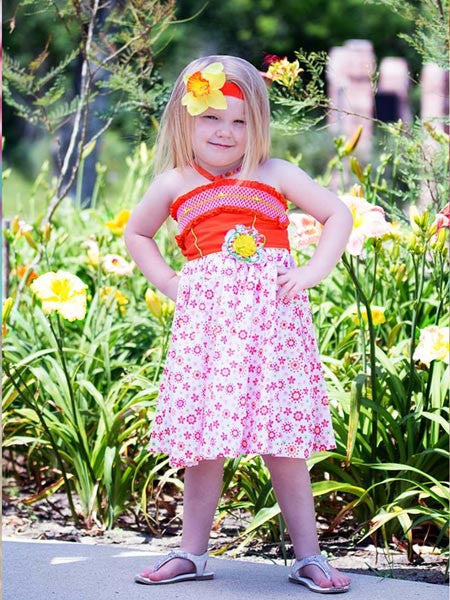 Smocked Girls Summer Sun Dress with Twirly Floral Skirt