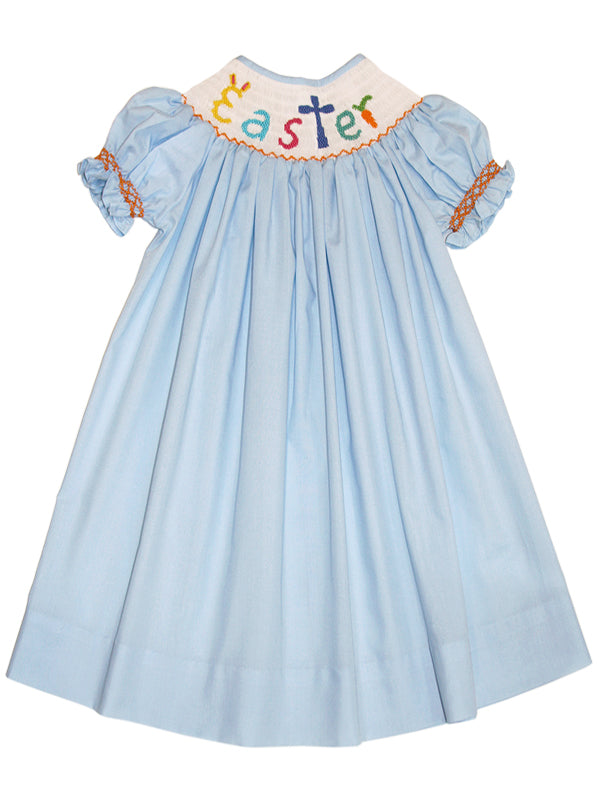 Baby Girls Blue Hand Smocked Easter Bunny Cross Bishop Dress