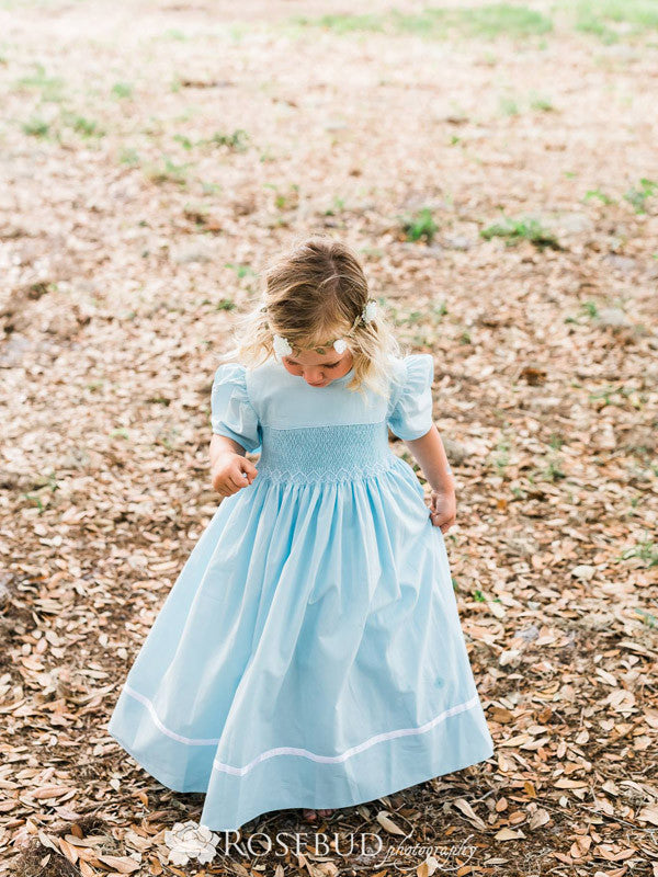 Girls Smocked Blue Heirloom Ribbon Dress