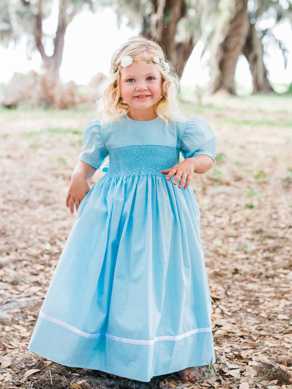 Girls Smocked Blue Heirloom Ribbon Dress