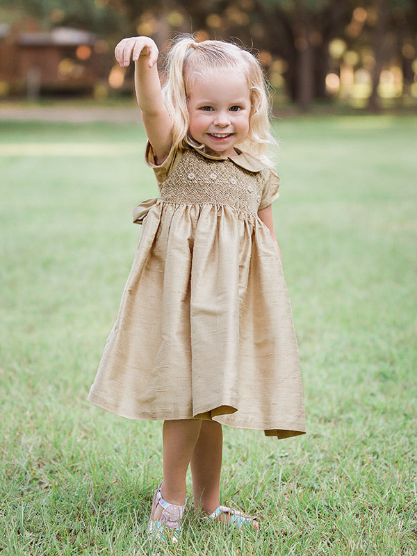 Golden Silk Hand Smocked Heirloom Girls Dress